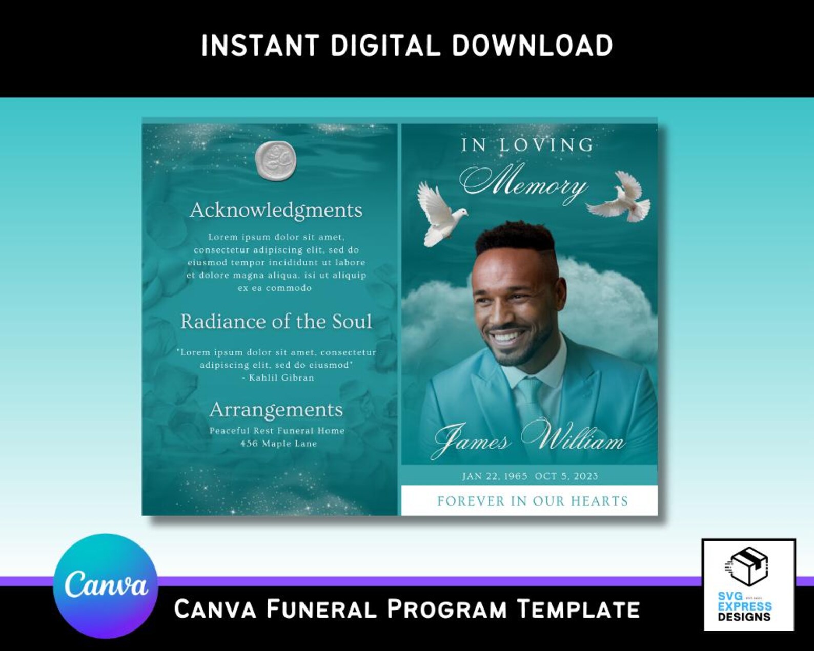 Turquoise Canva Funeral Program Template – Elegant Bi-fold Brochure ...