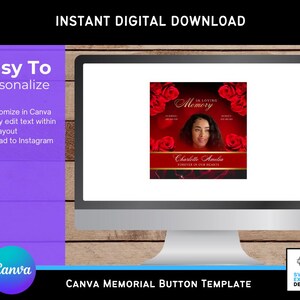 Editable Red Roses Memorial Button Template | Canva RIP Keepsake | 3x3 ...
