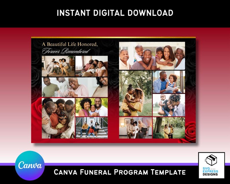 Crimson & Gold Roses Canva Funeral Program Template – Elegant Bi-fold ...