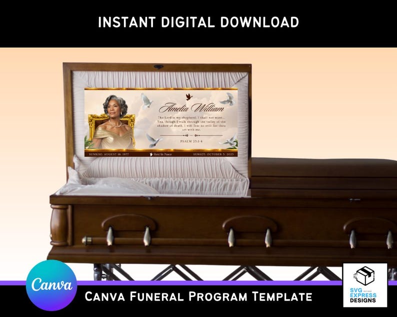Cream & Gold Funeral Casket Panel Template | 31x14 in Canva Editable ...