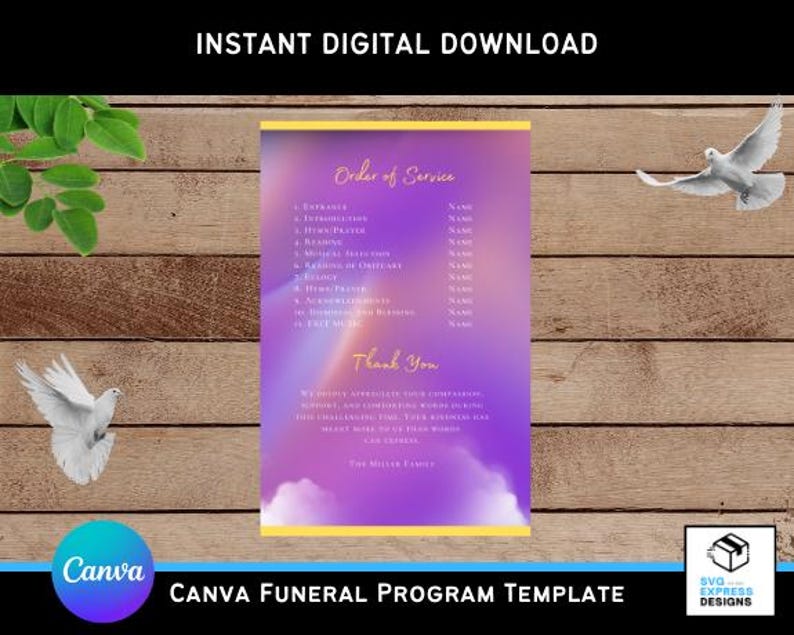 Editable Canva Funeral Program Template - Classic Purple & Gold Clouds ...