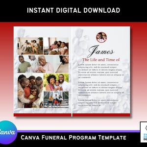 White and Red Canva Funeral Program Template – Elegant Bi-fold Brochure ...