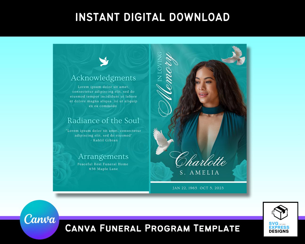 Teal Green Canva Funeral Program Template – Elegant Bi-fold Brochure ...