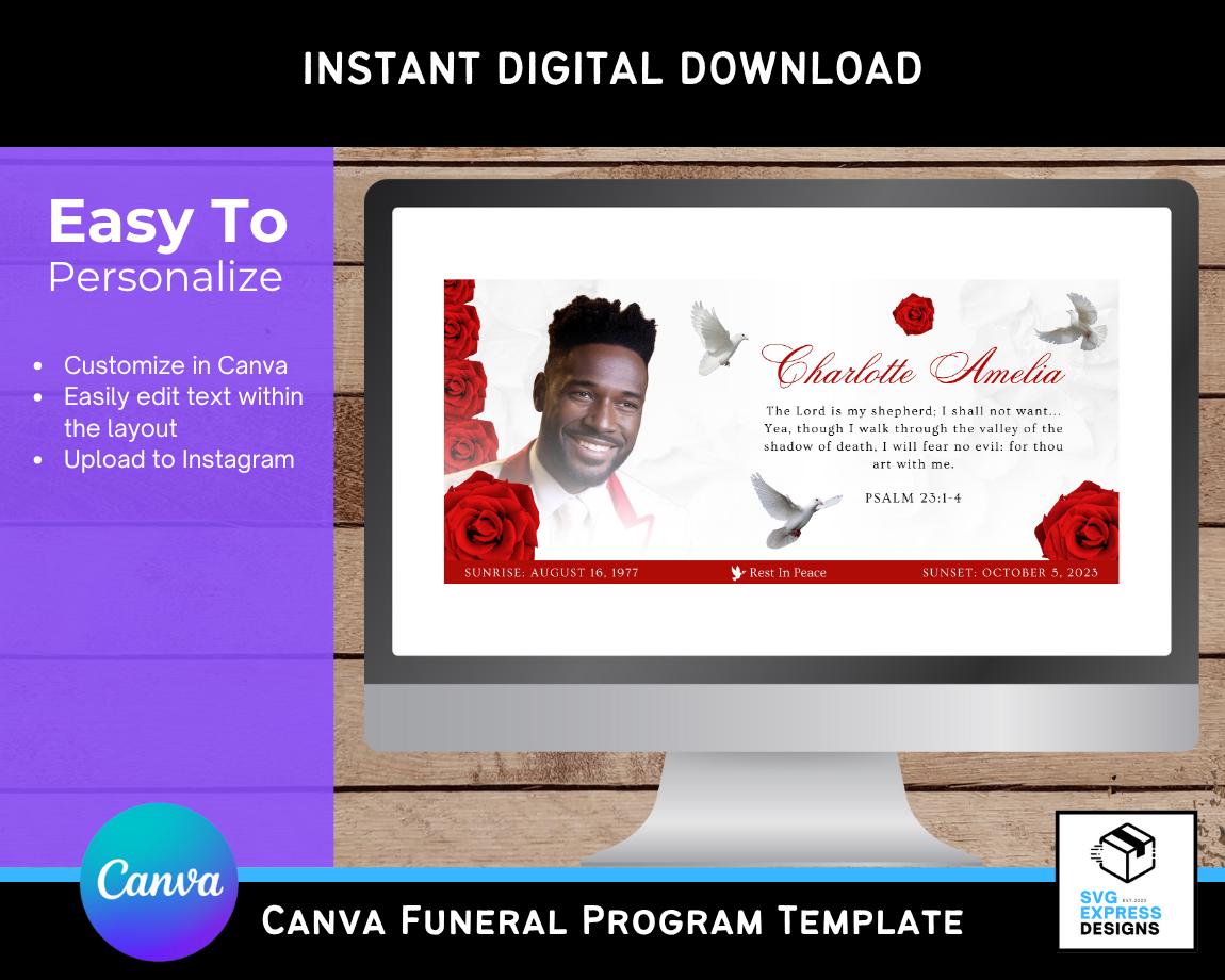 Funeral Casket Panel Template: Red & White Memorial Design (31x14 In ...