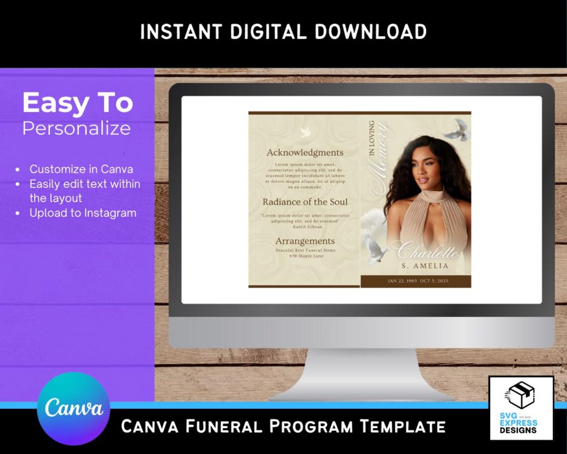 Beige Canva Funeral Program Template – Elegant Bi-fold Brochure (11x8.5 ...
