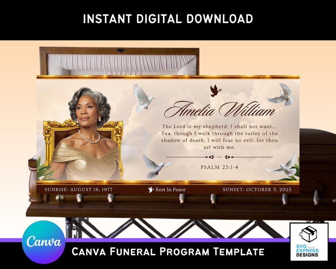 Cream & Gold Funeral Casket Panel Template | 31x14 in Canva Editable ...