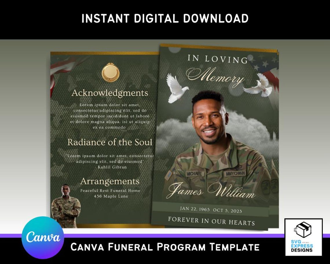 Green Camouflage Army Canva Funeral Program Template – Elegant Bi-fold ...
