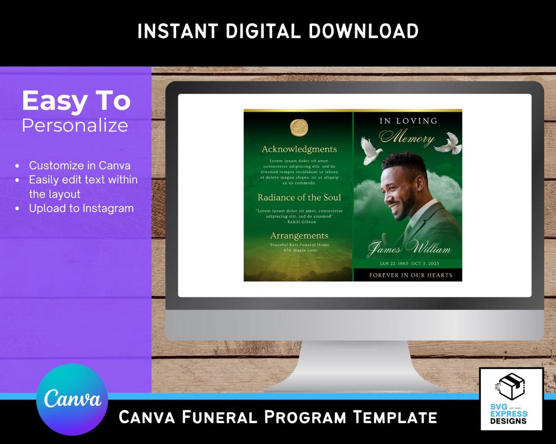 Green & Black Canva Funeral Program Template – Elegant Bi-fold Brochure ...