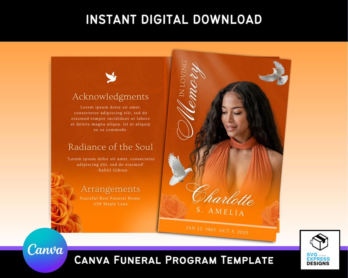 Orange Canva Funeral Program Template – Elegant Bi-fold Brochure (11x8 ...