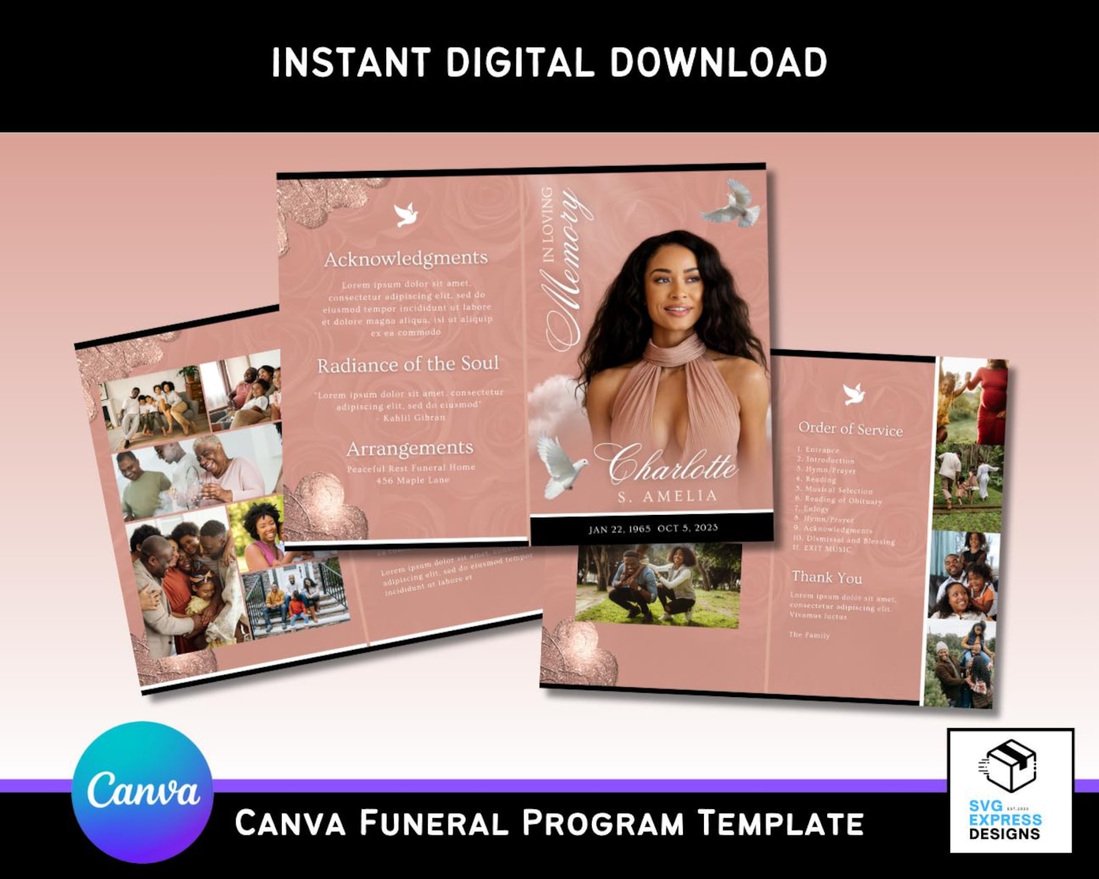 Rose Gold Canva Funeral Program Template – Elegant Bi-fold Brochure ...