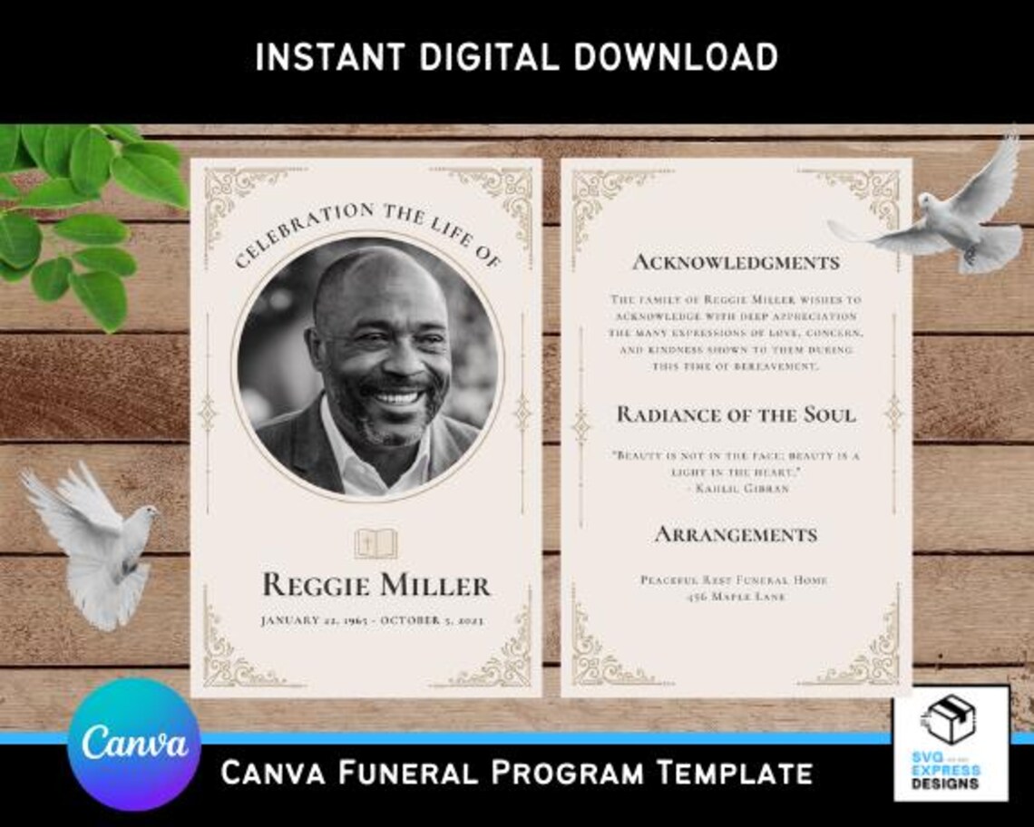 Classic Tan & Gold Funeral Program Template | Vintage Elegance | 11x8.5 ...