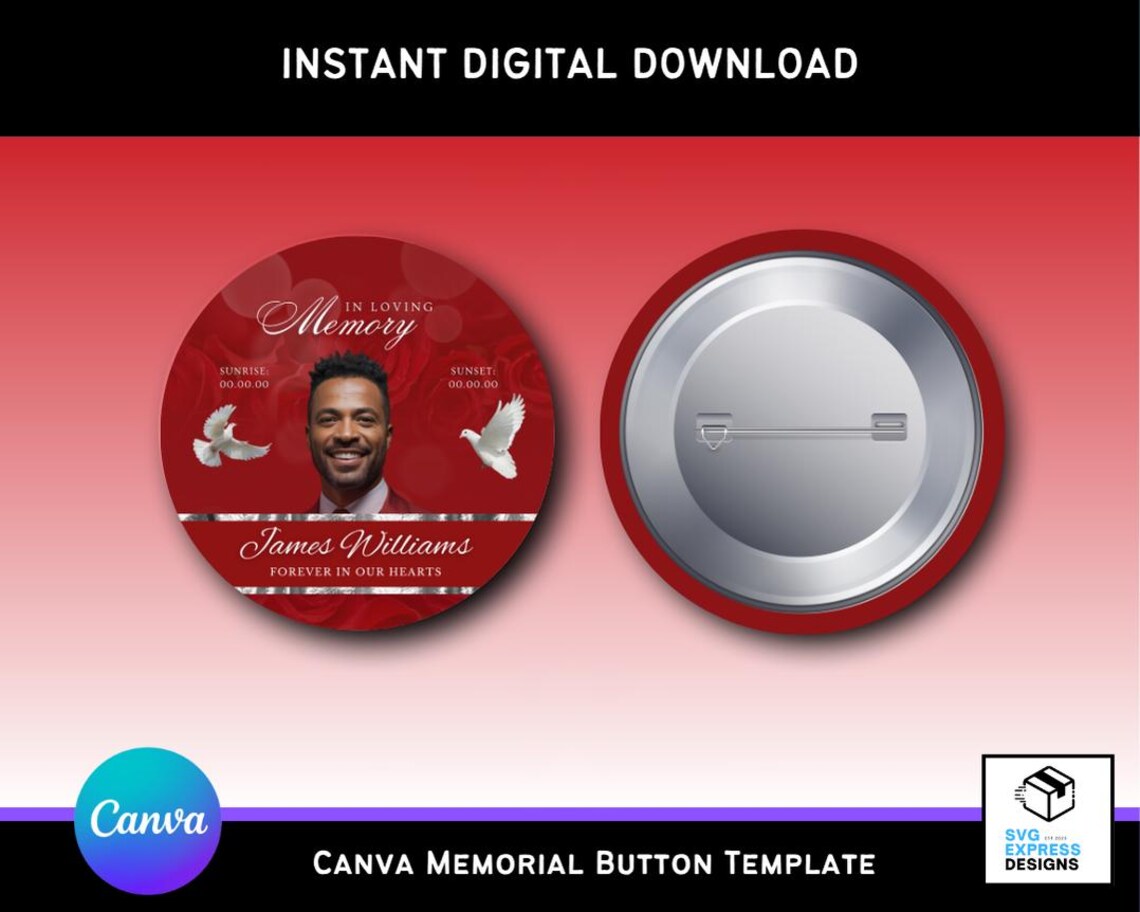 Editable Red Memorial Button Template | Canva RIP Keepsake | 3x3 ...
