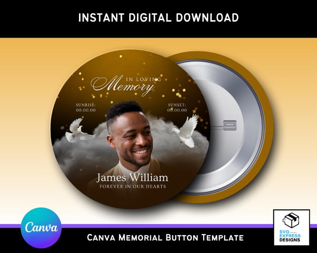 Editable Dark Gold Memorial Button Template | Canva RIP Keepsake | 3x3 ...