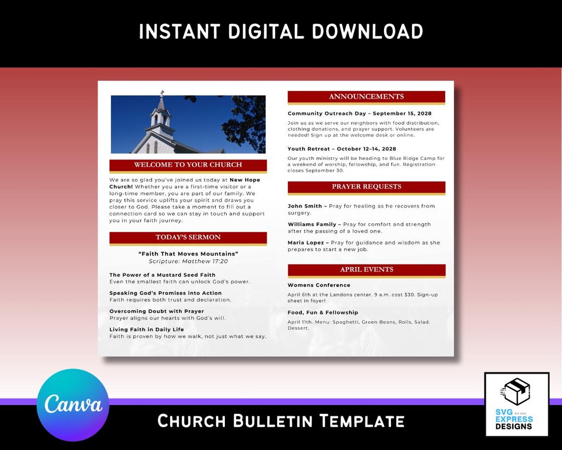 Editable Church Bulletin Template: Modern Red & White Bifold Program ...