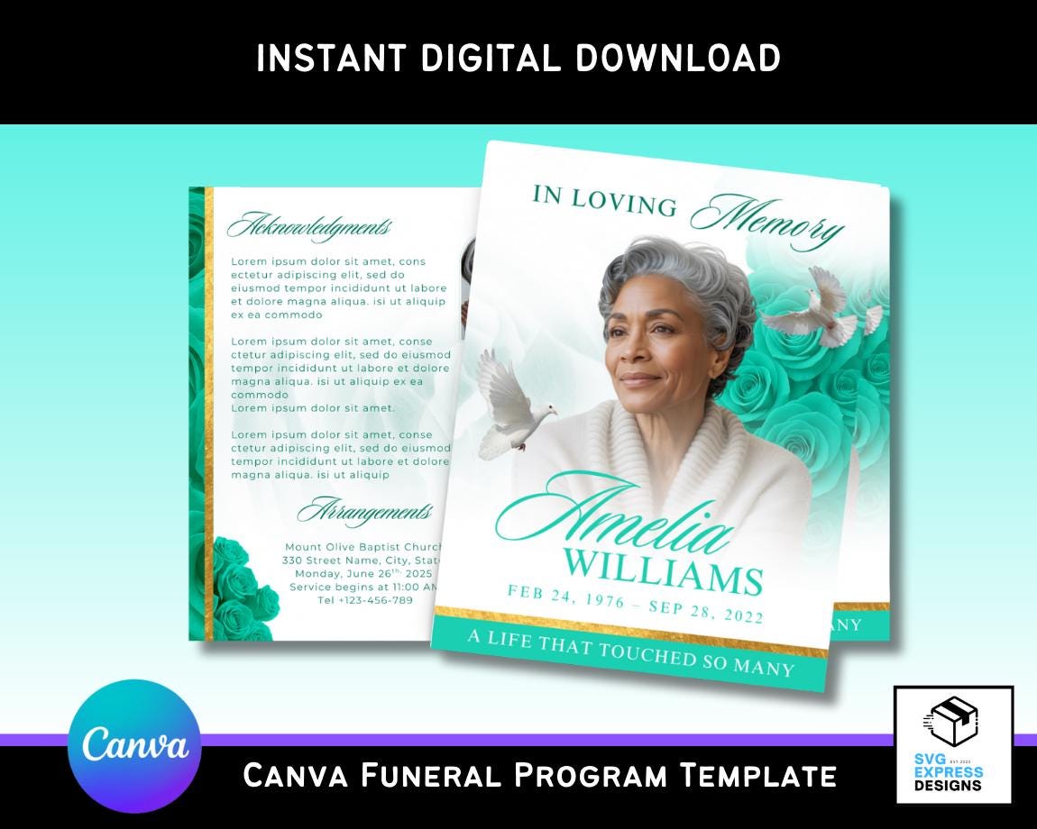Elegant Turquoise & White Floral Funeral Program Template: Bi-fold ...