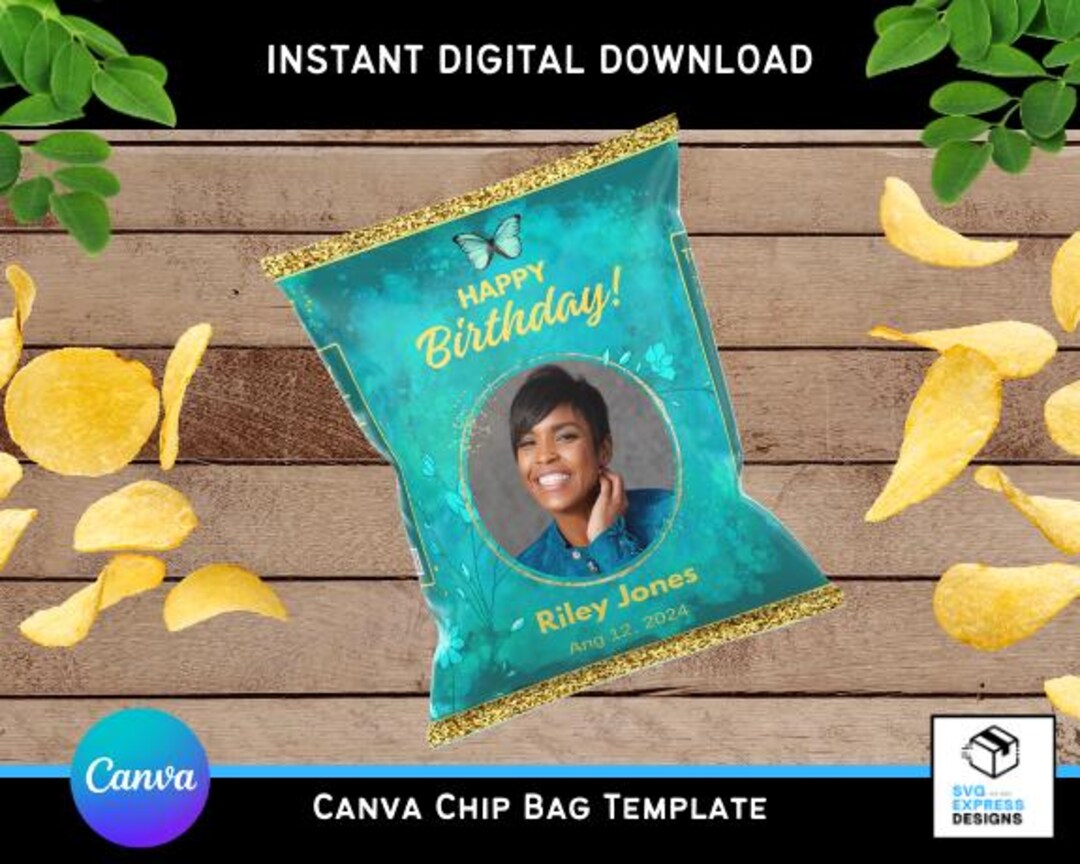 Teal Green Butterfly Chip Bag Template, Party Decorations - Easy ...