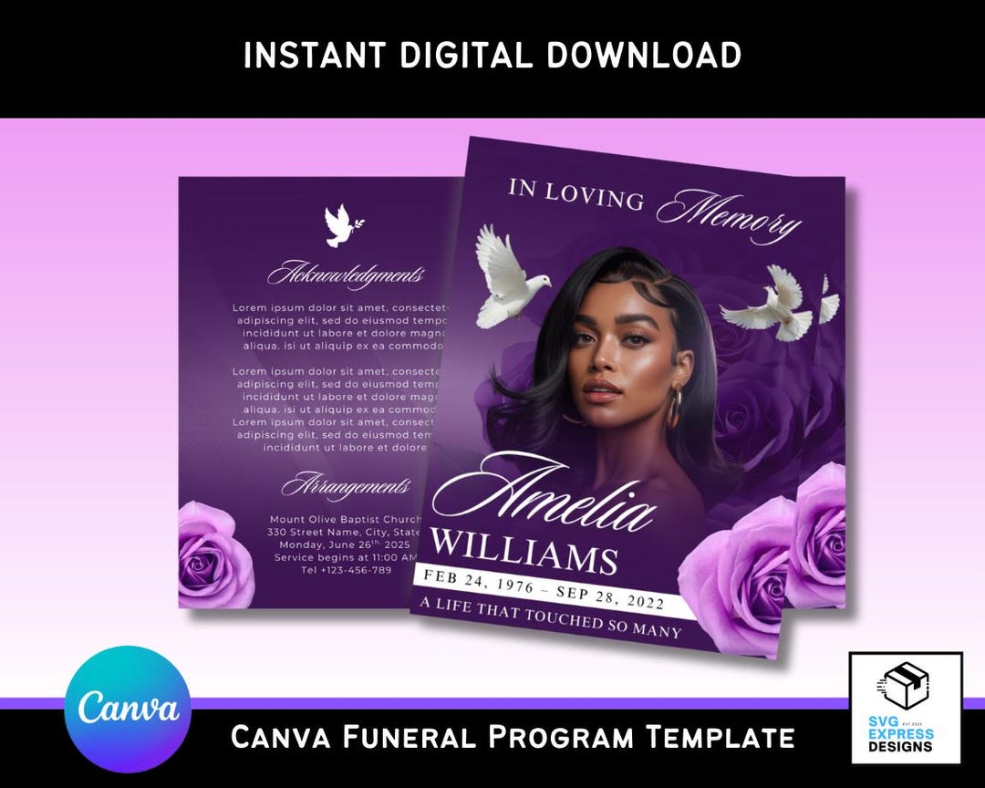 Deep Purple Canva Funeral Program Template – Elegant Bi-fold Brochure ...