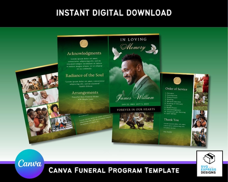 Green & Black Canva Funeral Program Template – Elegant Bi-fold Brochure ...