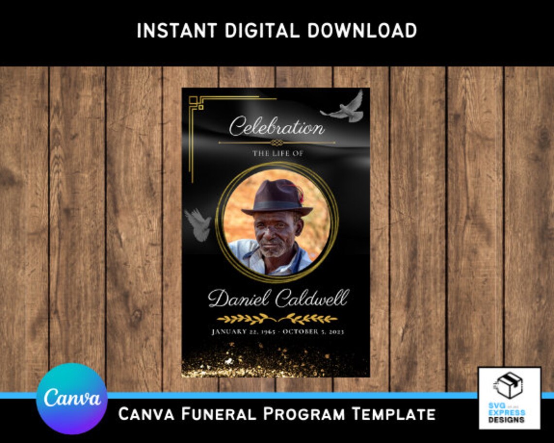 Editable Canva Funeral Program Template, Black and Gold Memorial ...