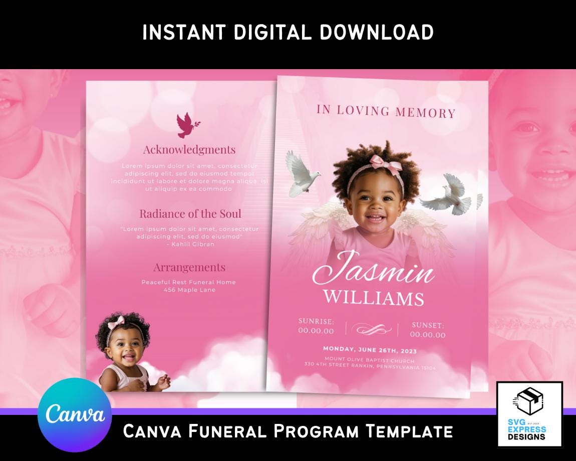 Pink Baby Girl Funeral Program Template: Editable Canva Obituary ...