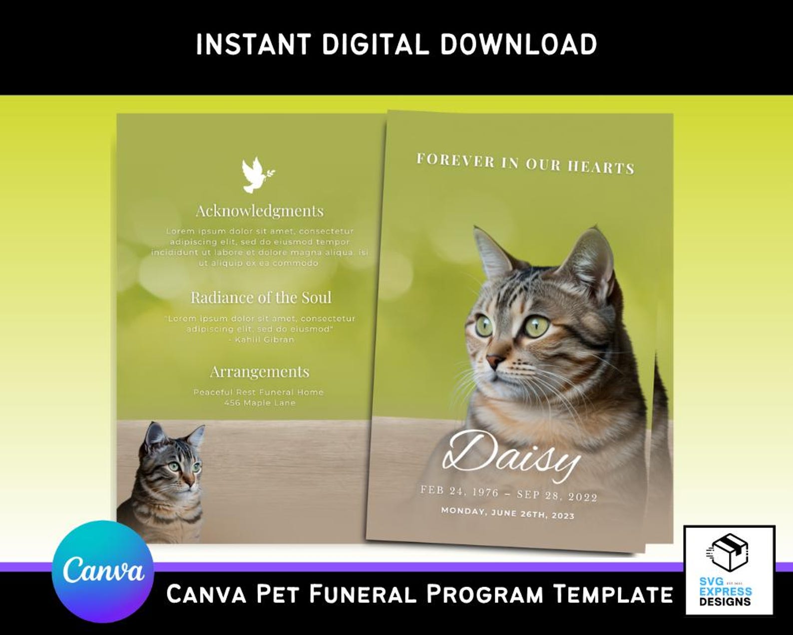 Pet Loss Funeral Program Template for Cats – Elegant Bi-fold Brochure ...