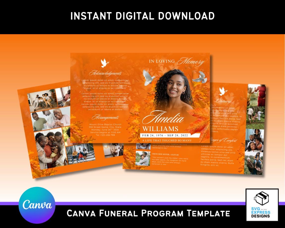 Autumn Leaves Canva Funeral Program Template – Elegant Bi-fold Brochure ...