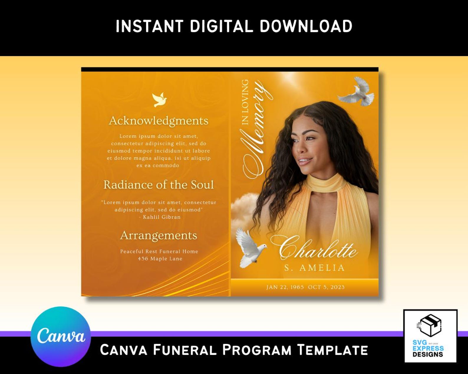 Bright Yellow-orange Canva Funeral Program Template – Elegant Bi-fold ...