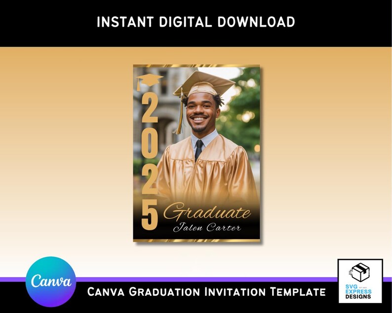 Gold & Black Graduation Invitation Template 2025: 5x7 Canva Card ...