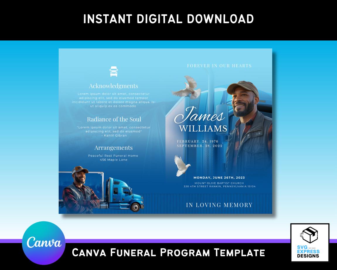 Truck Driver Canva Funeral Program Template – Elegant Bi-fold Brochure ...