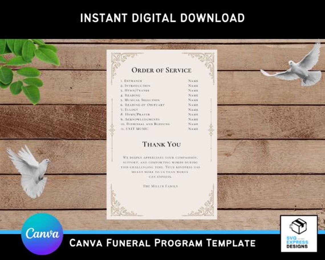 Classic Tan & Gold Funeral Program Template | Vintage Elegance | 11x8.5 ...