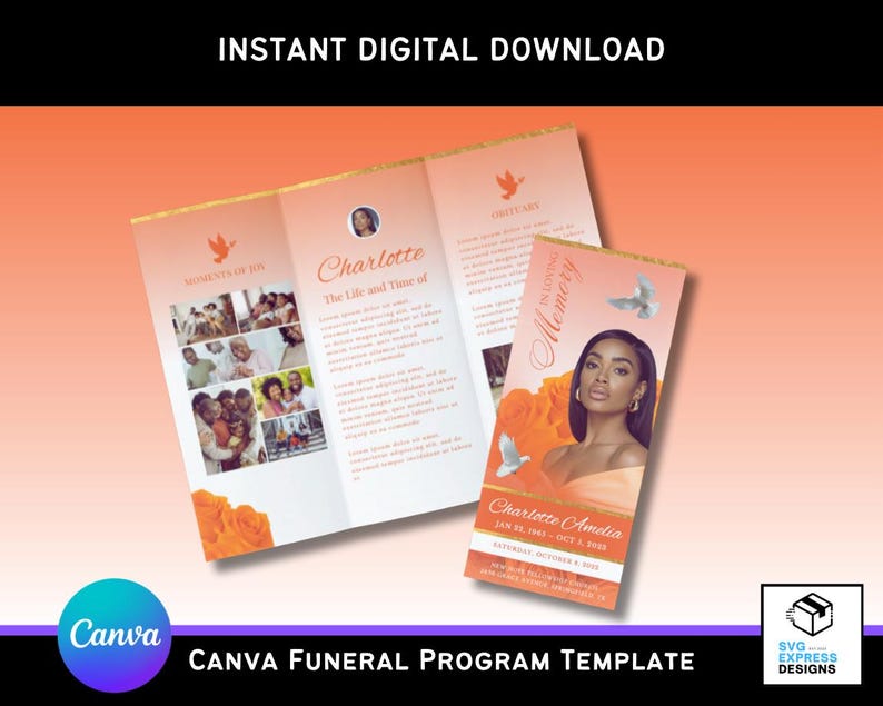Elegant Funeral Program Template: Orange & White Roses Trifold (11x8.5 ...