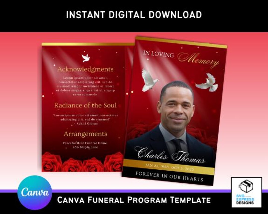 Classic Red Roses Canva Funeral Program Template – Red & Black Bi-fold ...