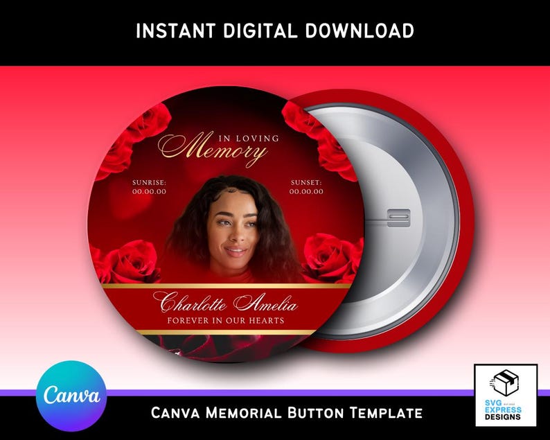Editable Red Roses Memorial Button Template | Canva RIP Keepsake | 3x3 ...