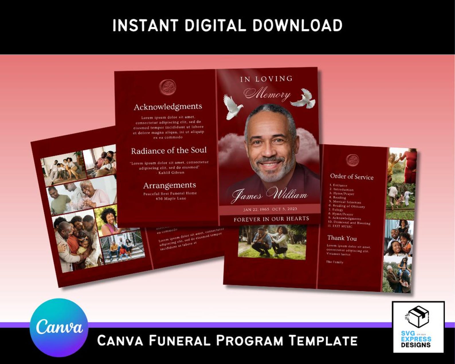 Maroon Canva Funeral Program Template – Elegant Bi-fold Brochure (11x8 ...