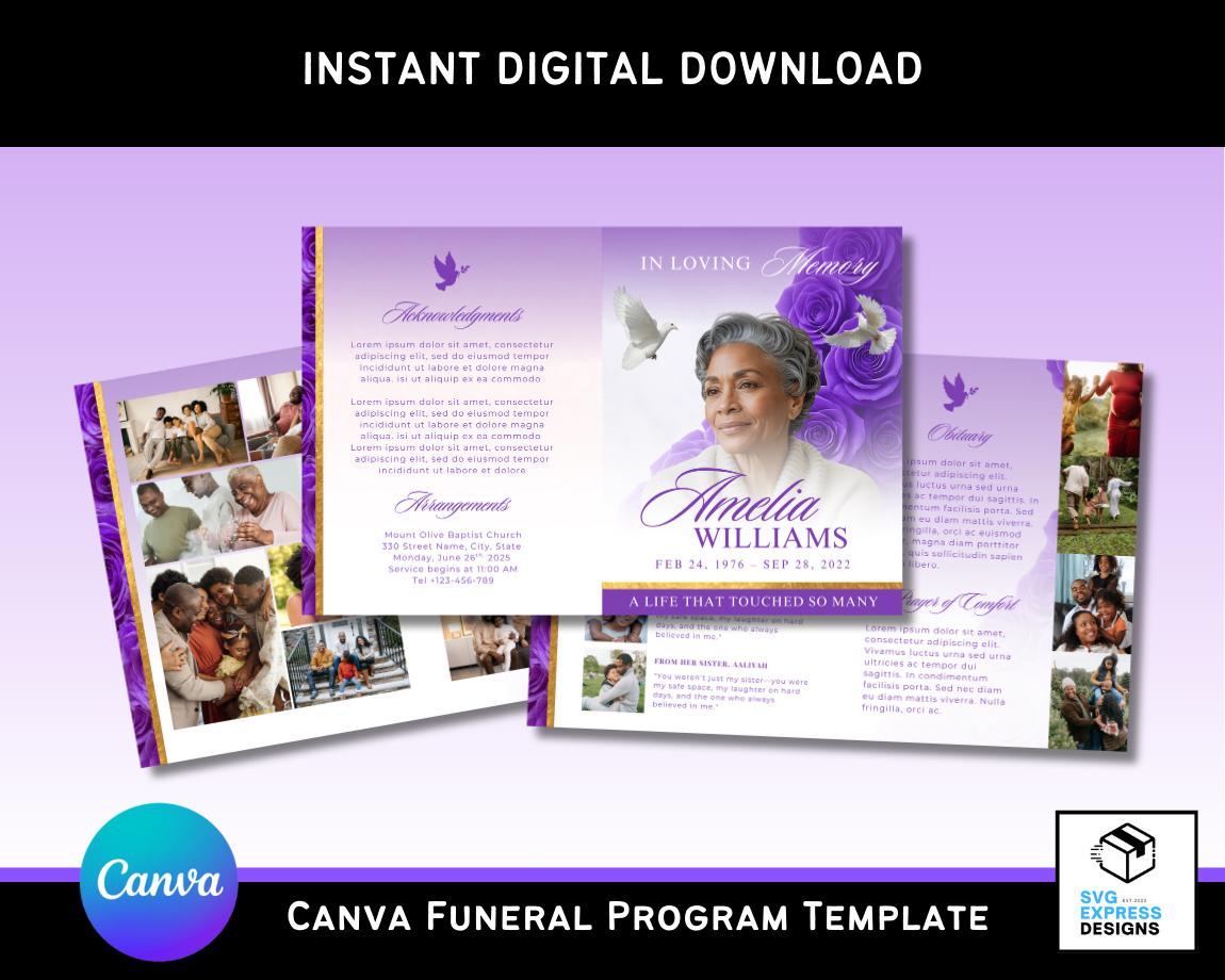 Elegant Funeral Program Template – Purple Flowers, Bi-fold (canva Pro ...