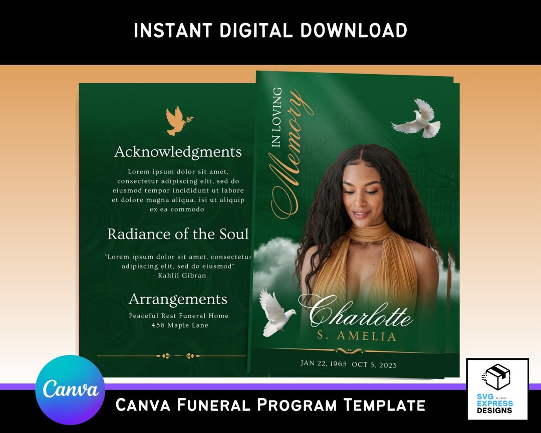 Hunter Green Canva Funeral Program Template – Elegant Bi-fold Brochure ...