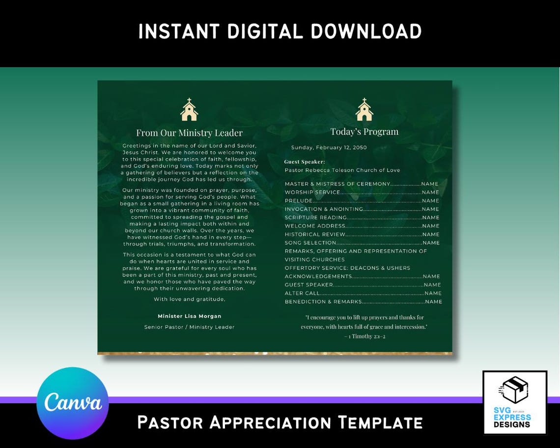 Editable Pastor Appreciation Program Template: Green Forest Design ...