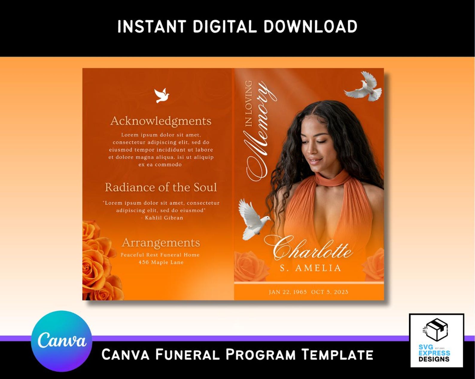 Orange Canva Funeral Program Template – Elegant Bi-fold Brochure (11x8 ...