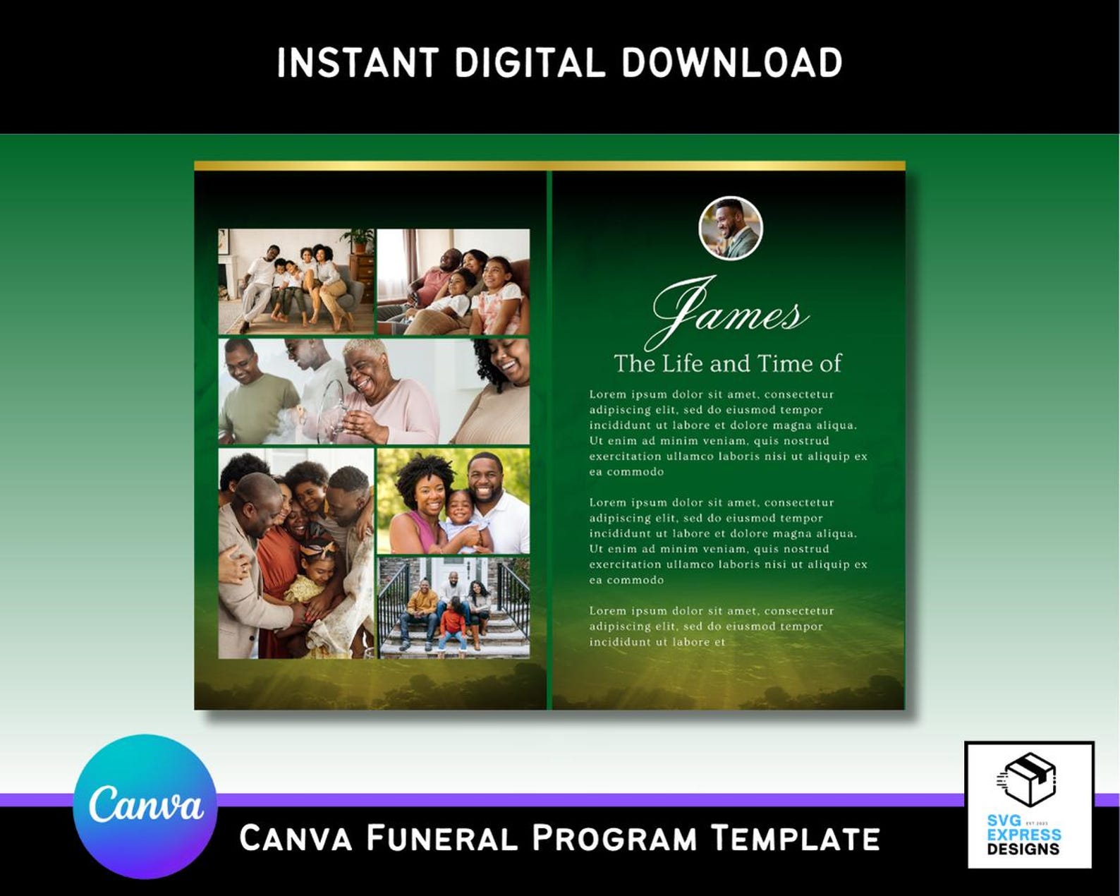 Green & Black Canva Funeral Program Template – Elegant Bi-fold Brochure ...