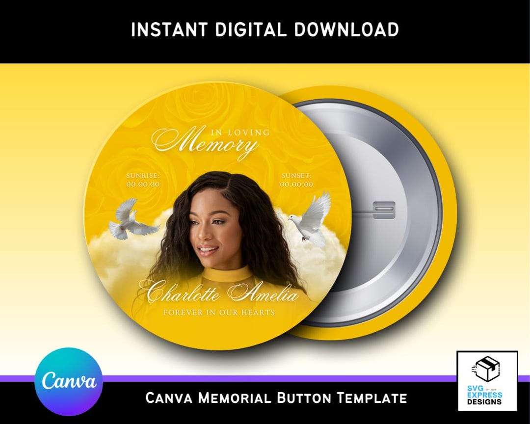Editable Bright Yellow Memorial Button Template | Canva RIP Keepsake ...