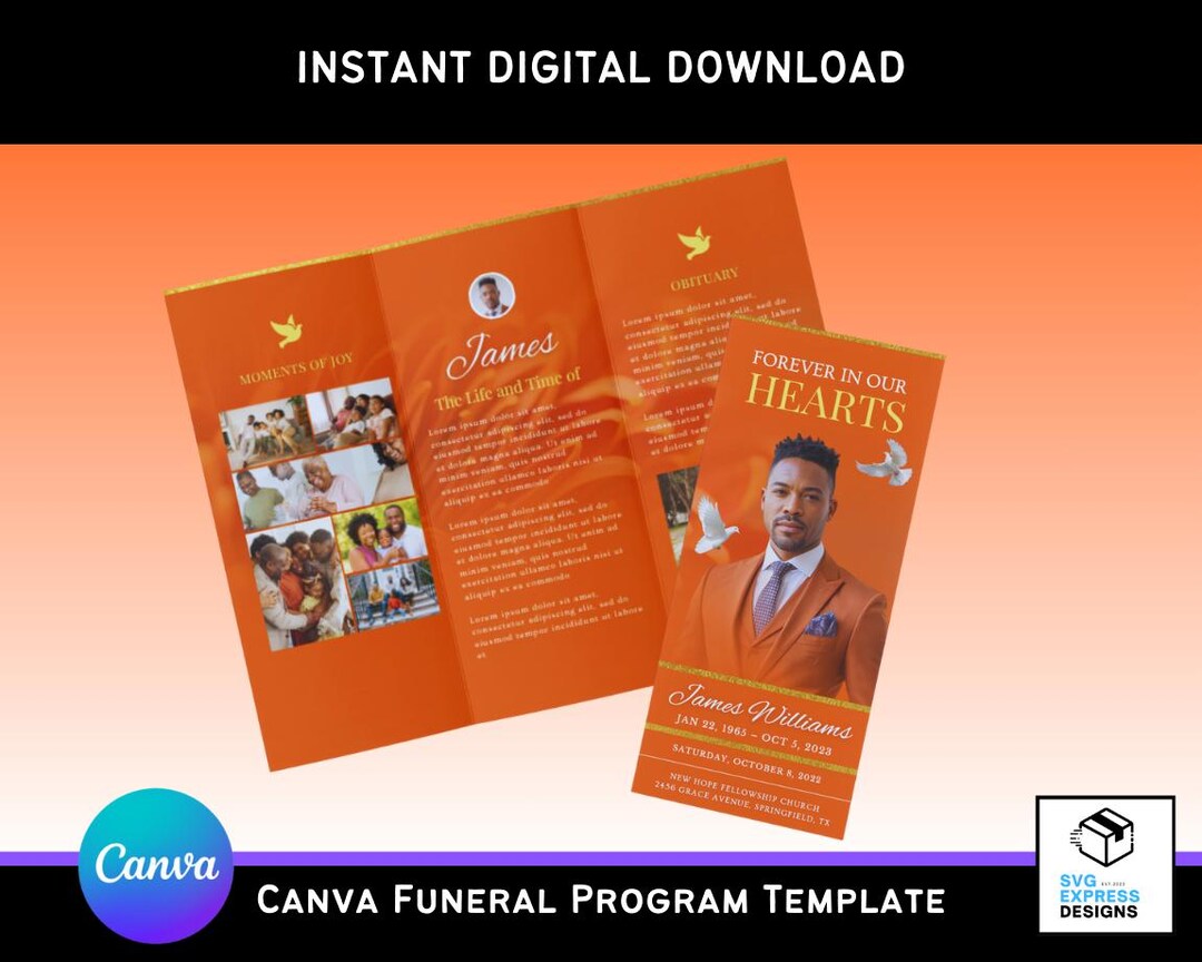Burnt Orange Canva Funeral Program Template – Elegant Trifold Brochure ...