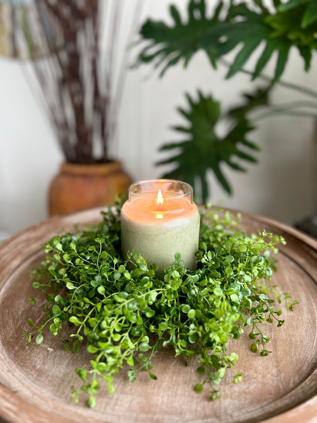 Greenery Candle Ring Wreath, Coffee Table Decor, Cottagecore Table ...