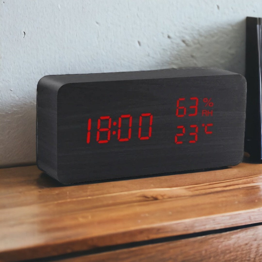 Black Wooden Alarm Rectangle Clock Digital Clock, Thermometer Clock ...