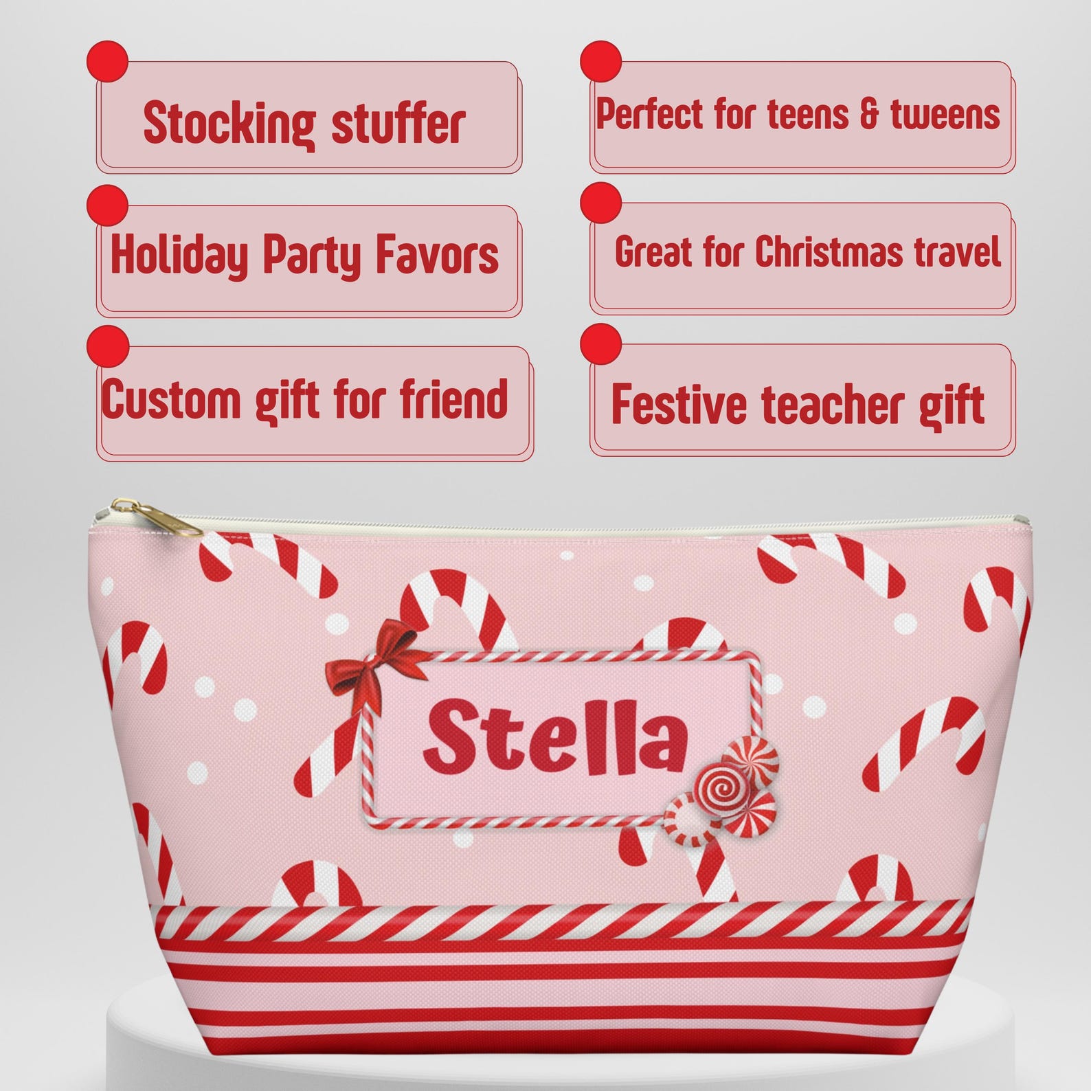 Candy Cane Makeup Bag, Custom Holiday Cosmetic Pouch, Zipper Travel Bag ...