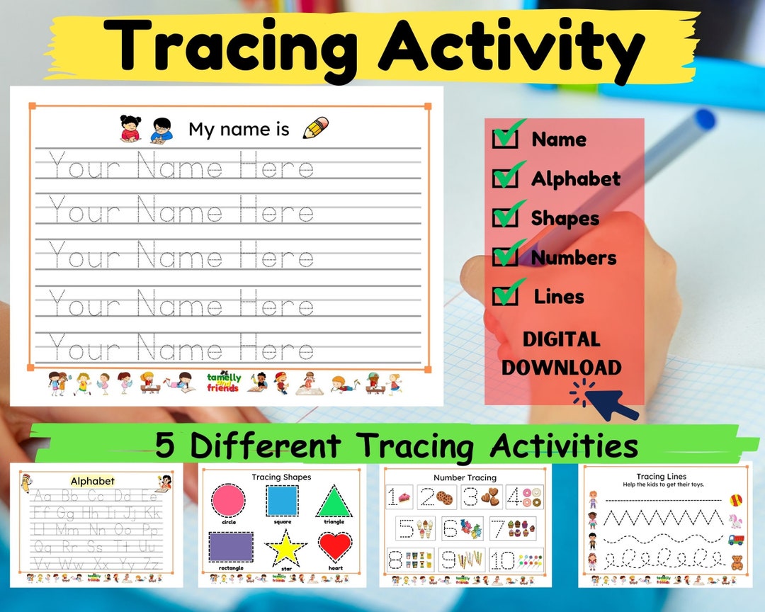 Tracing Activity for Kids, Toddler, Name, Alphabet, Shapes Numbers ...
