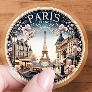 Paris France Eiffel Tower Vintage Style Travel Sticker, Round Laptop ...