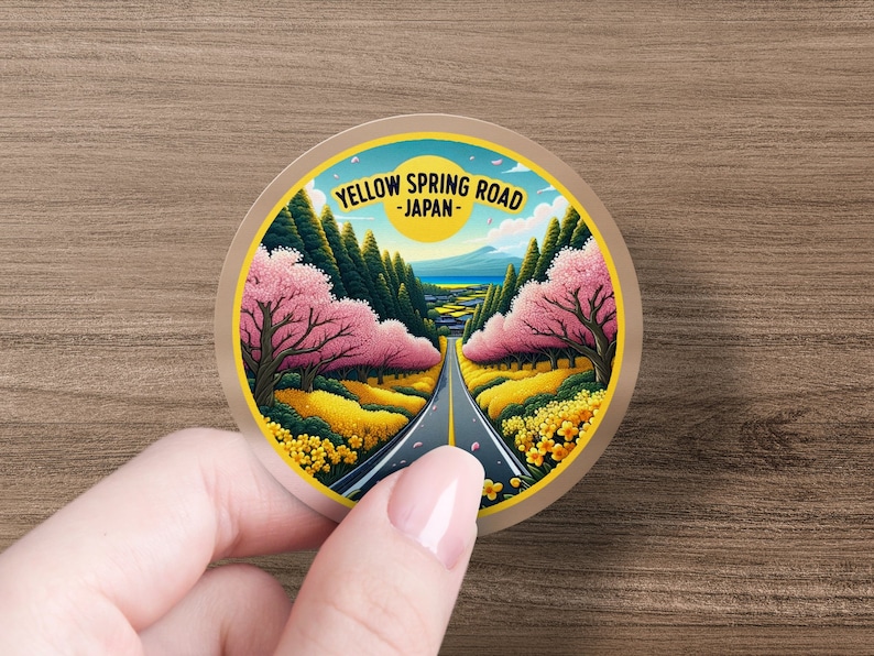 Yellow Spring Road Japan-inspired Sticker, Scenic Sakura Cherry ...