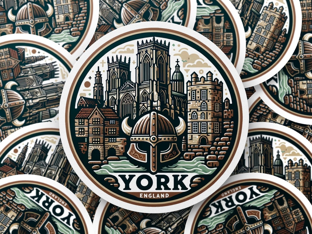 York England Cathedral and Viking Helmet Travel Sticker, Cityscape Art ...