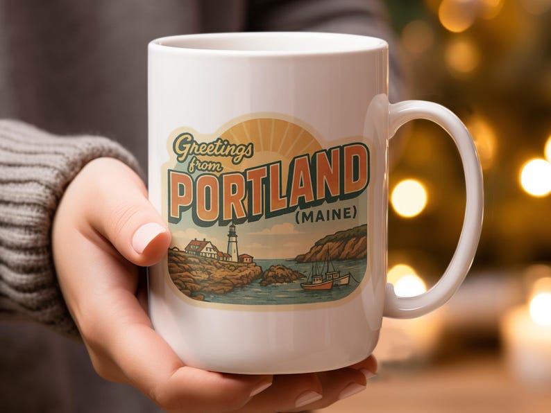 Greetings From Portland Maine Mug, Coastal Lighthouse Mug, Retro Maine ...