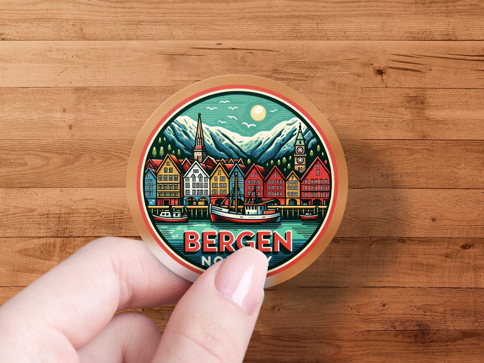 Bergen Norway Travel Sticker, Colorful Town Landscape Circle Decal ...